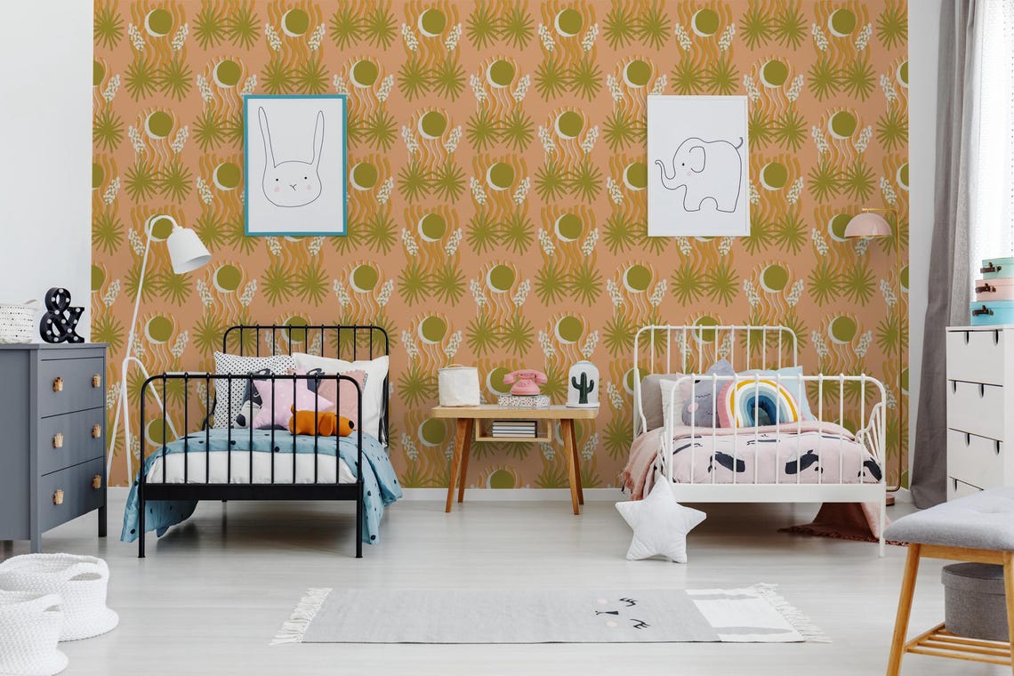 Yucca Moon Wallpaper, Peach & Green - Etsy