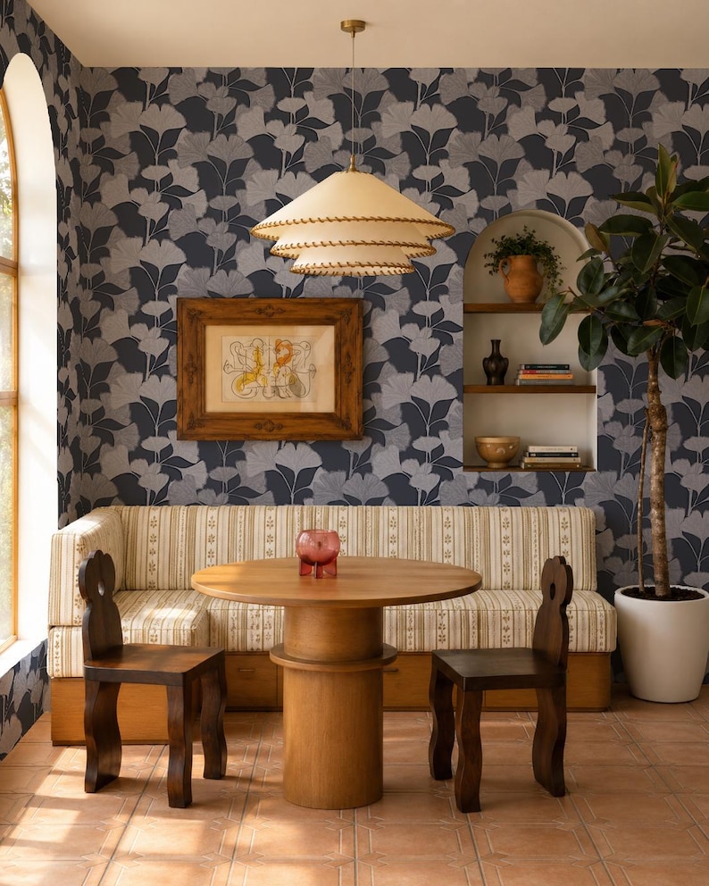 Ginkgo Vignette Wallpaper, Blue - Peel and Stick Wallpaper, Traditional ...