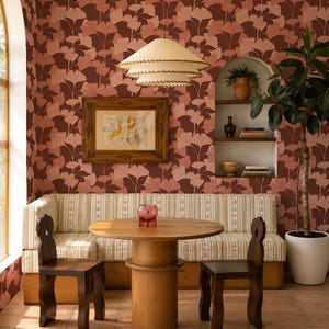 Ginkgo Vignette Wallpaper, Red Brown and Coral - Etsy