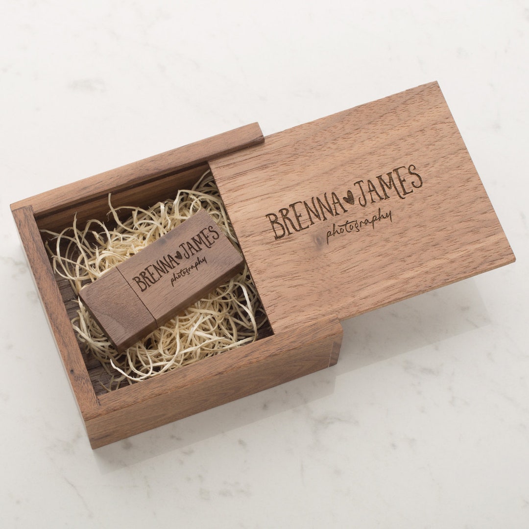 Wooden Lid Walnut USB Box + Walnut USB With Engraving | Personalized ...