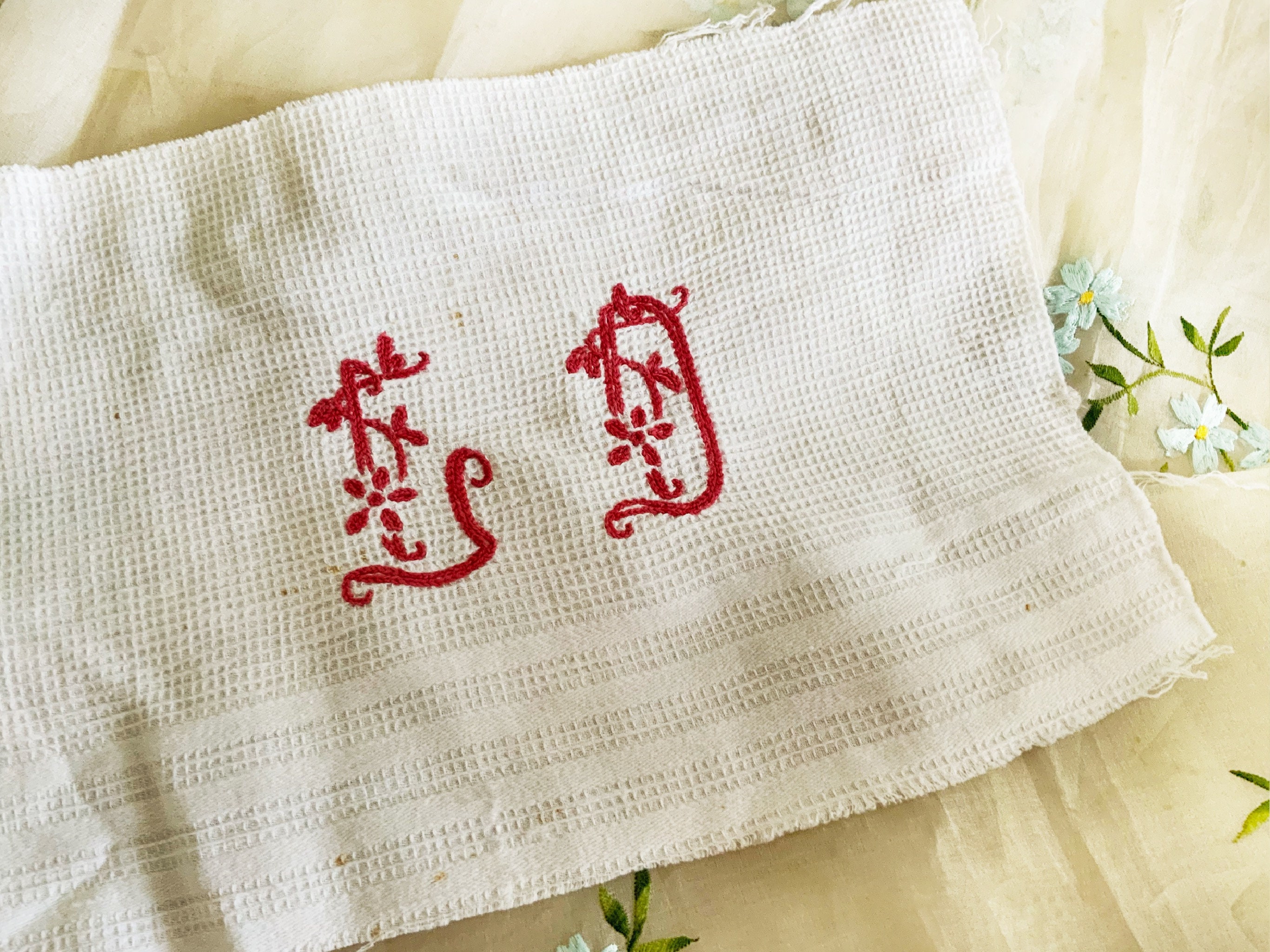 Salvage Hand Embroidered Red Monograms For Craft Projects | Etsy