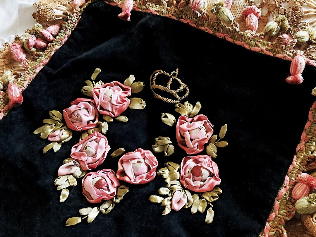 Vintage Hand Embroidered Crown & Ribbon Roses Black Velvet Cushion ...