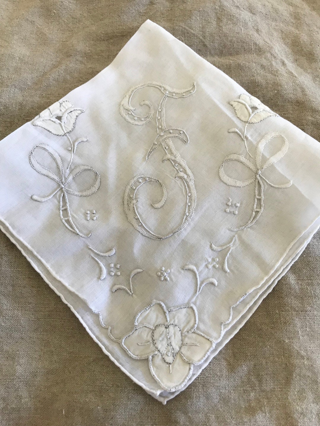 Vintage Hand Embroidered Handkerchief Monogram Appliqué Shadow ...
