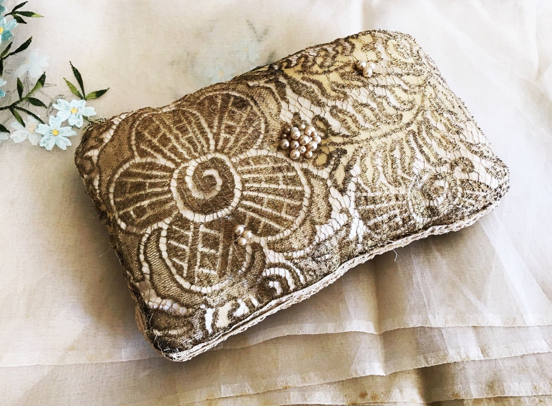 Small Vintage Metalic Lace Cushion Decorated With Little Pearls - Etsy