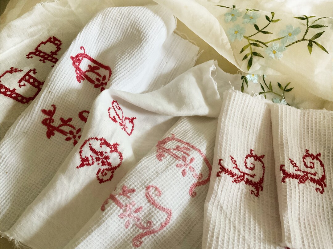 Salvage - Hand Embroidered Red Monograms - for Craft Projects Salvage ...