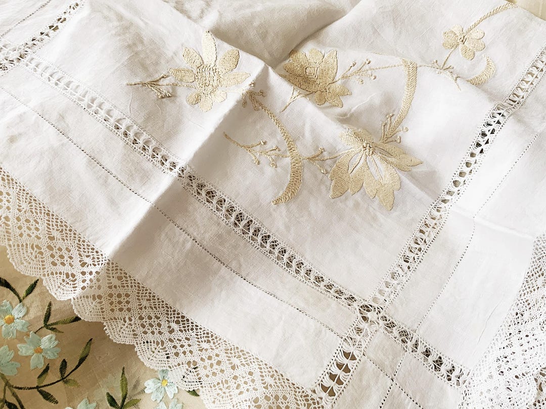 Hand Embroidered Silk on Fine White Lace Trimmed Vintage Linen Cloth ...