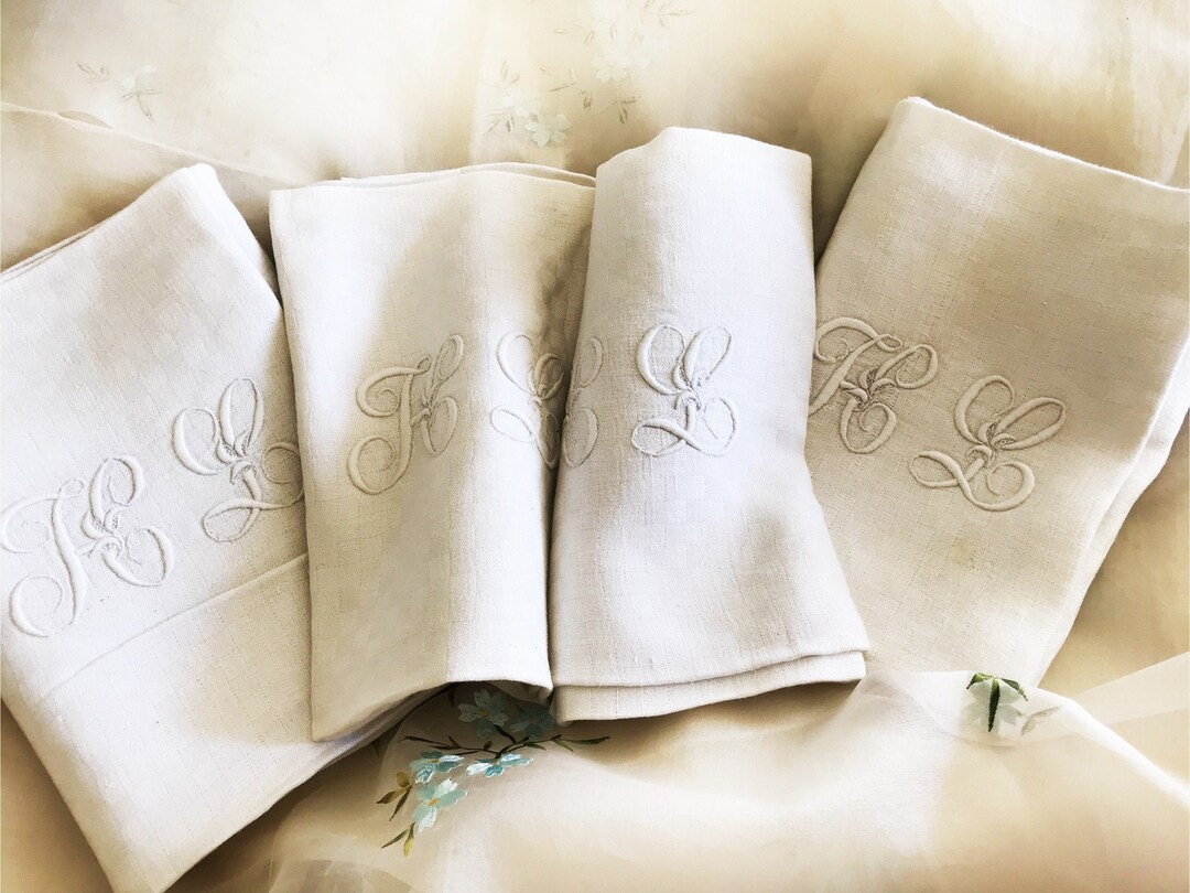 Large French Antique White Linen Damask Serviette Fabulous Monogram HL ...