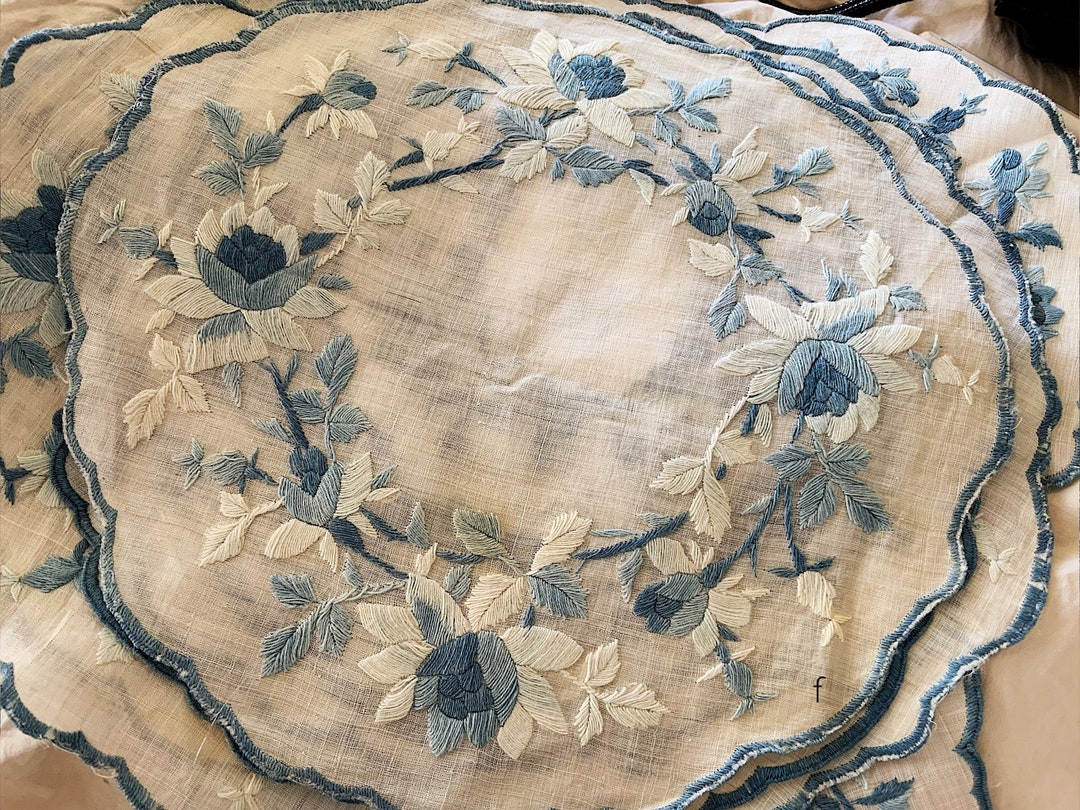 Gorgeous Vintage Hand Embroidered Shaded Blue Roses - Very Fine Linen ...