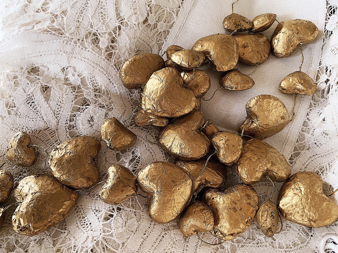 Vintage Gold Handmade Paper Mache Hearts Garland of Hearts Craft Decor ...