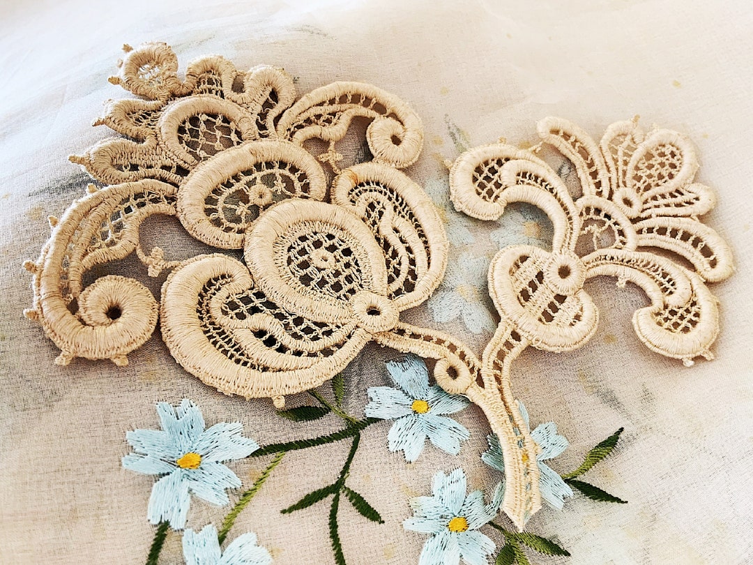 Bold Densely Embroidered 3D Ecru Antique Schiffli Lace Appliqué ...