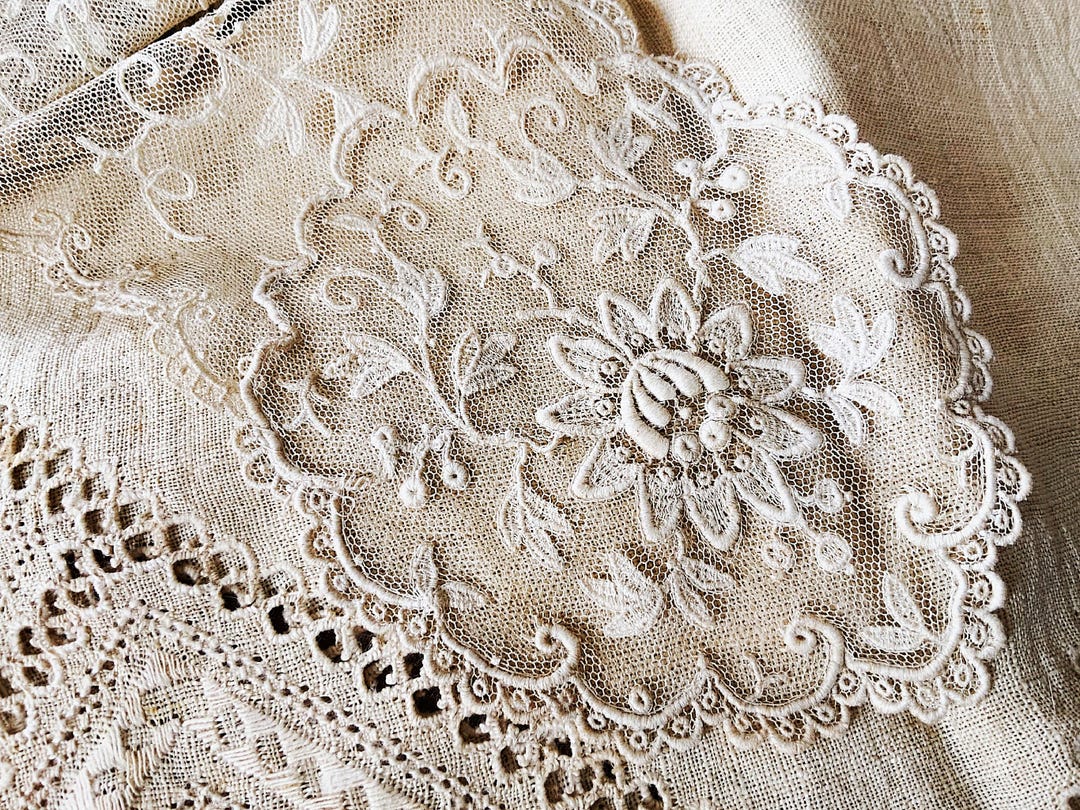 Beautiful Heavily Embroidered Antique Net Lace Remant - Schiffli ...