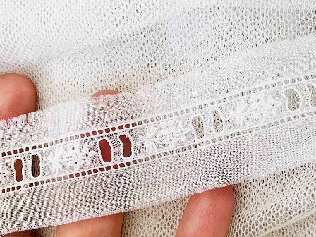Pure White Ultra Fine Hand Embroidered Anglaise Ribbon Insertion Trim ...