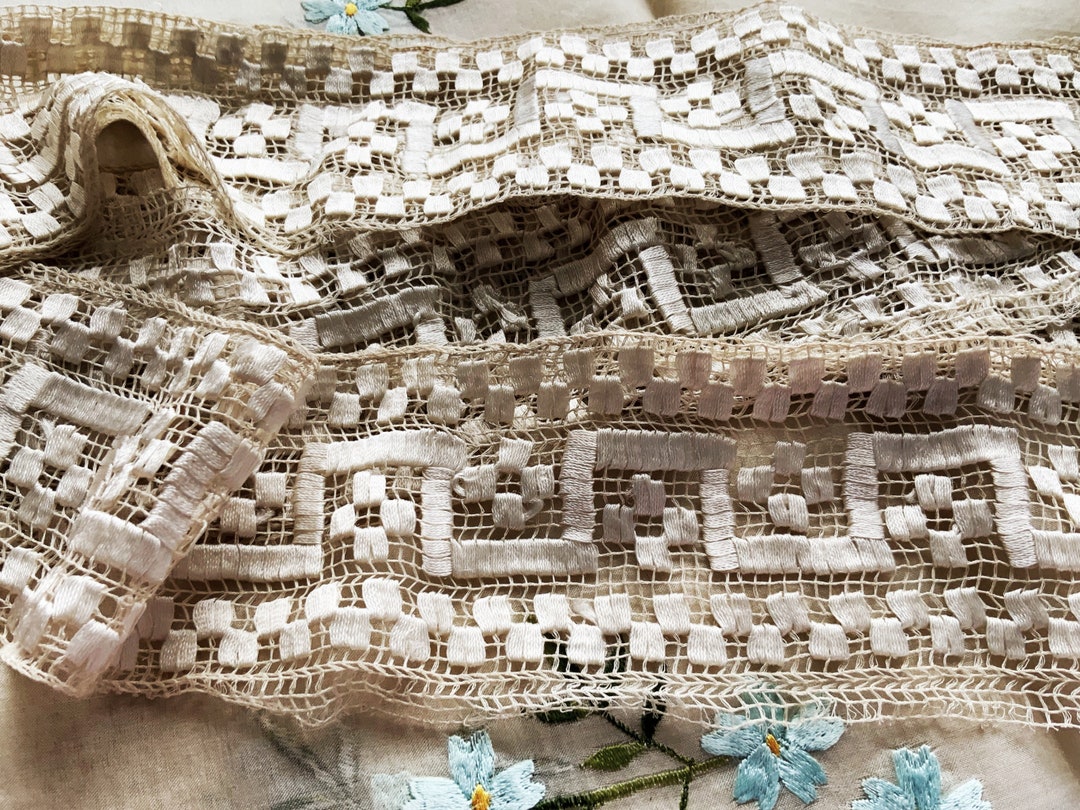 Beautiful Vintage Hand Embroidered Cream Silky Ribbon on Filet Net - Flawed - Etsy