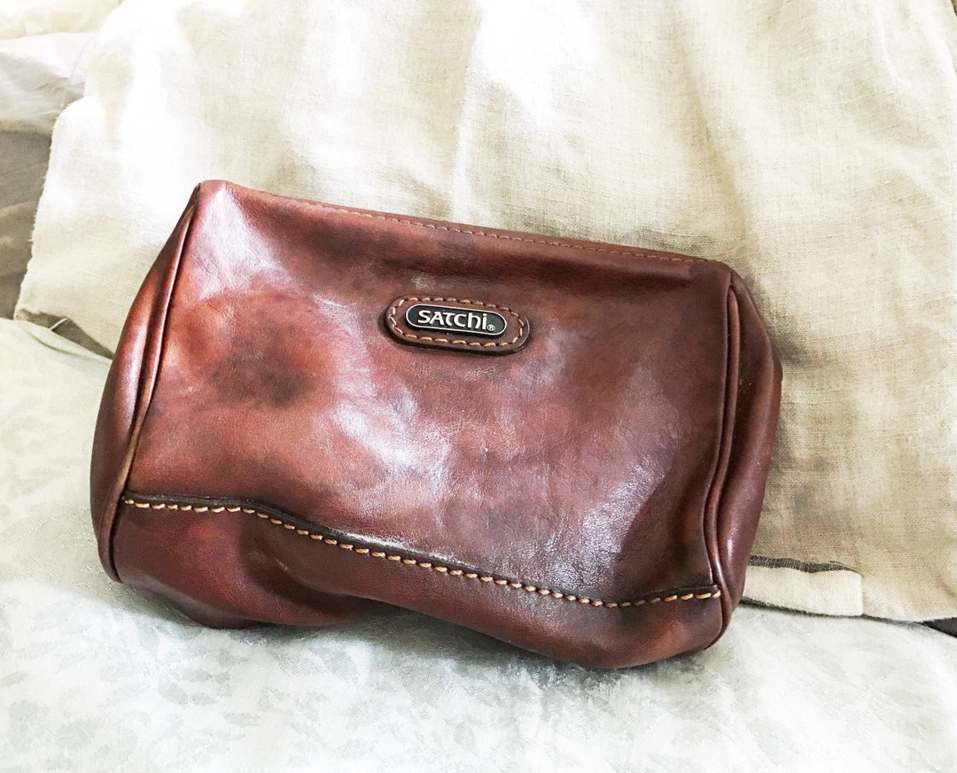 Vintage Genuine Brandy Leather Satchi Toiletry Bag / Pouch / Zipper ...