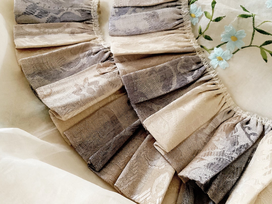 Striped Dusky Blue / Beige Vintage Damask Double Layer Pleated Ruffle ...