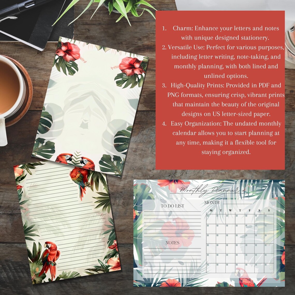 Tropical, Parrots Printable Stationery, Printable Writing Paper, Letter ...