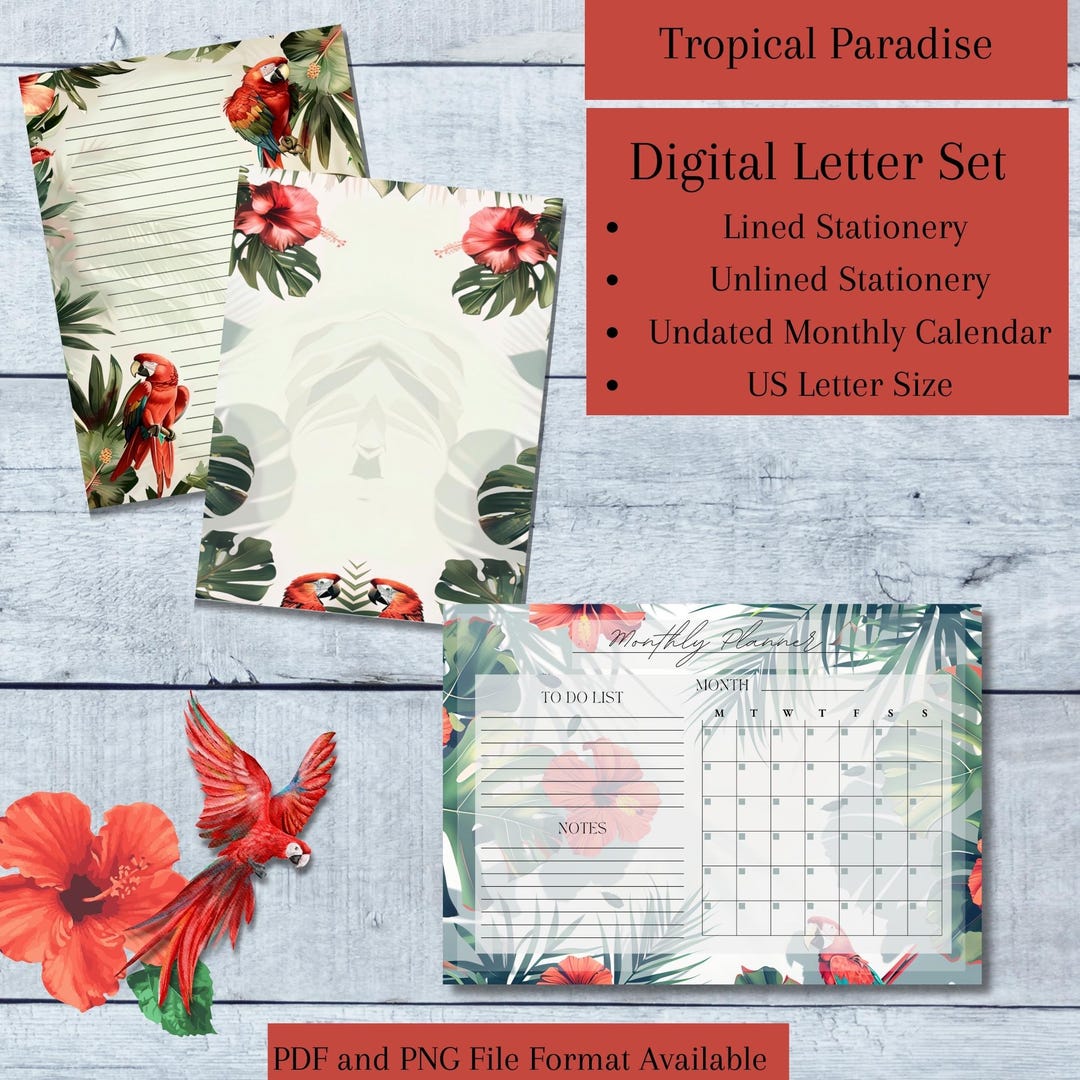 Tropical, Parrots Printable Stationery, Printable Writing Paper, Letter ...