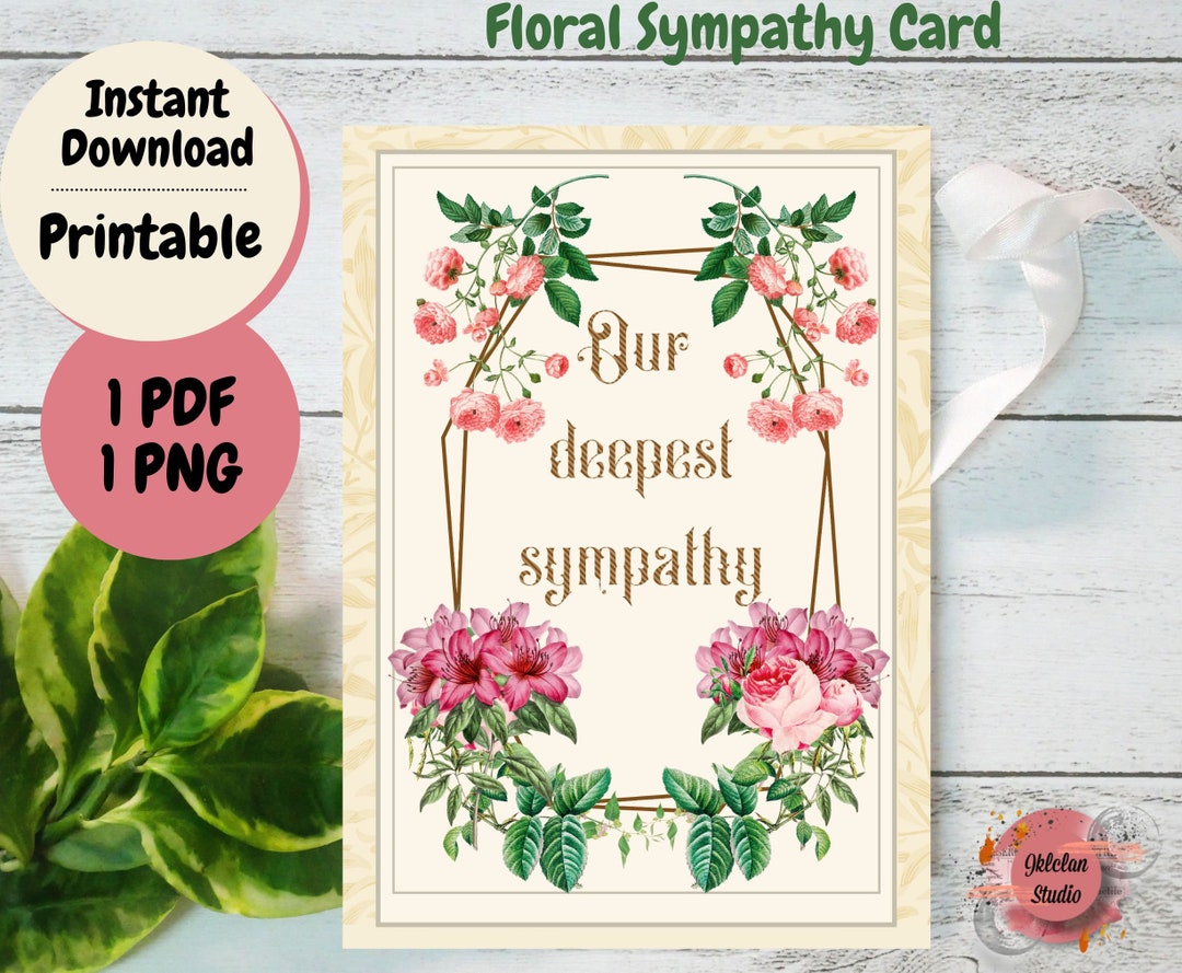 Floral Sympathy Card, Pink Flowers, Botanical, Instant Download ...
