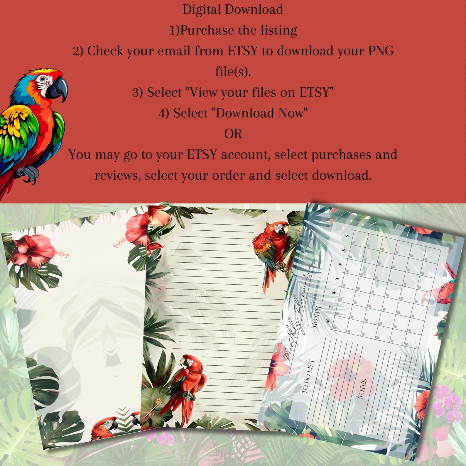 Tropical, Parrots Printable Stationery, Printable Writing Paper, Letter ...