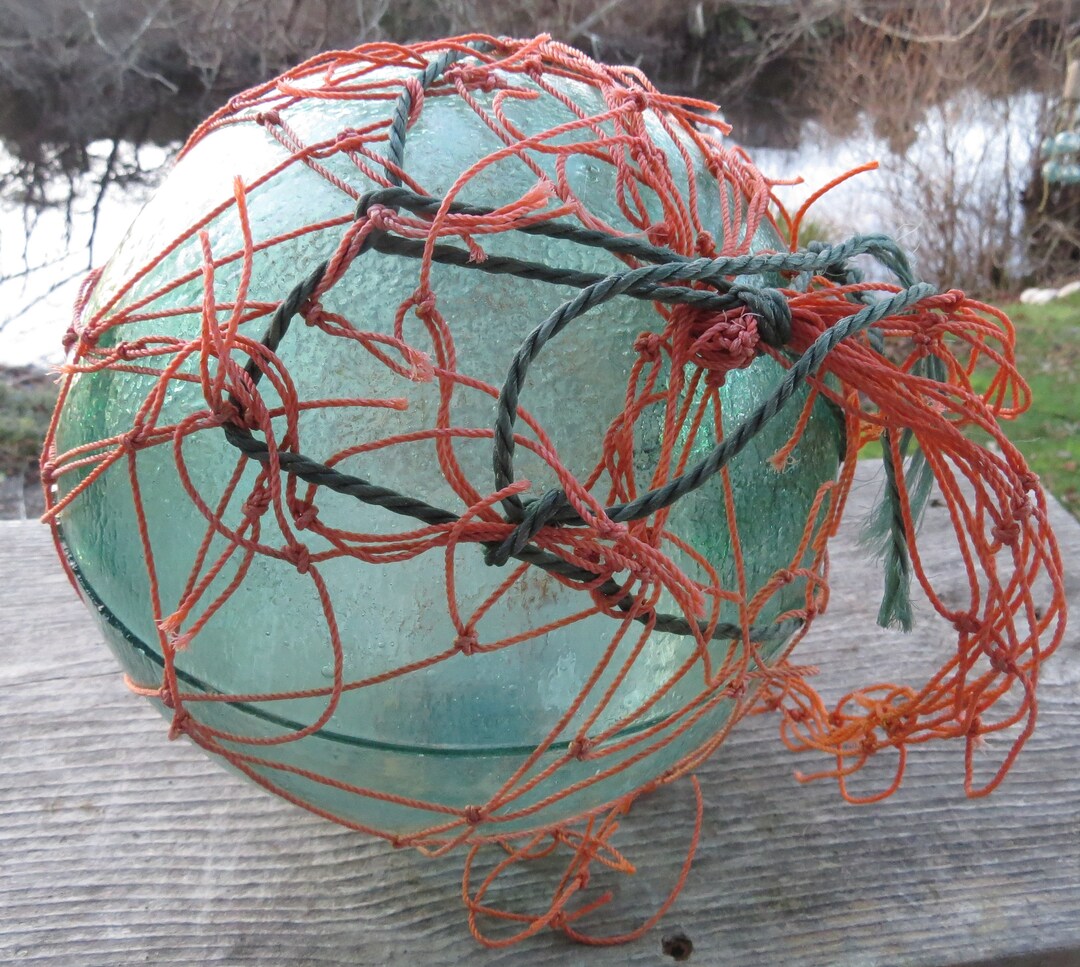 Japanese Blown Glass Float 10"d XL Aqua Opaque Inward Seal Button Flat ...