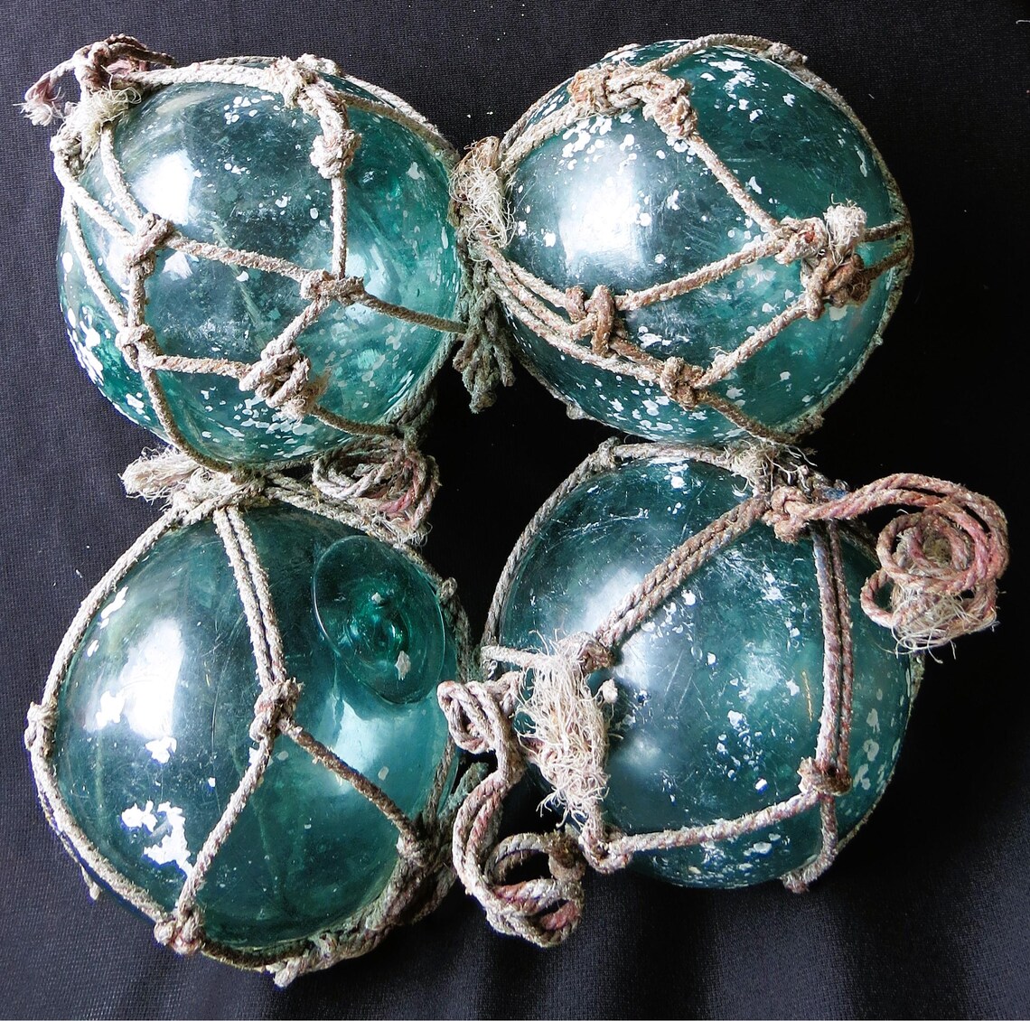Japanese Blown Glass Fishing Floats (4) Approx. 4"d Aqua Barnacles ...