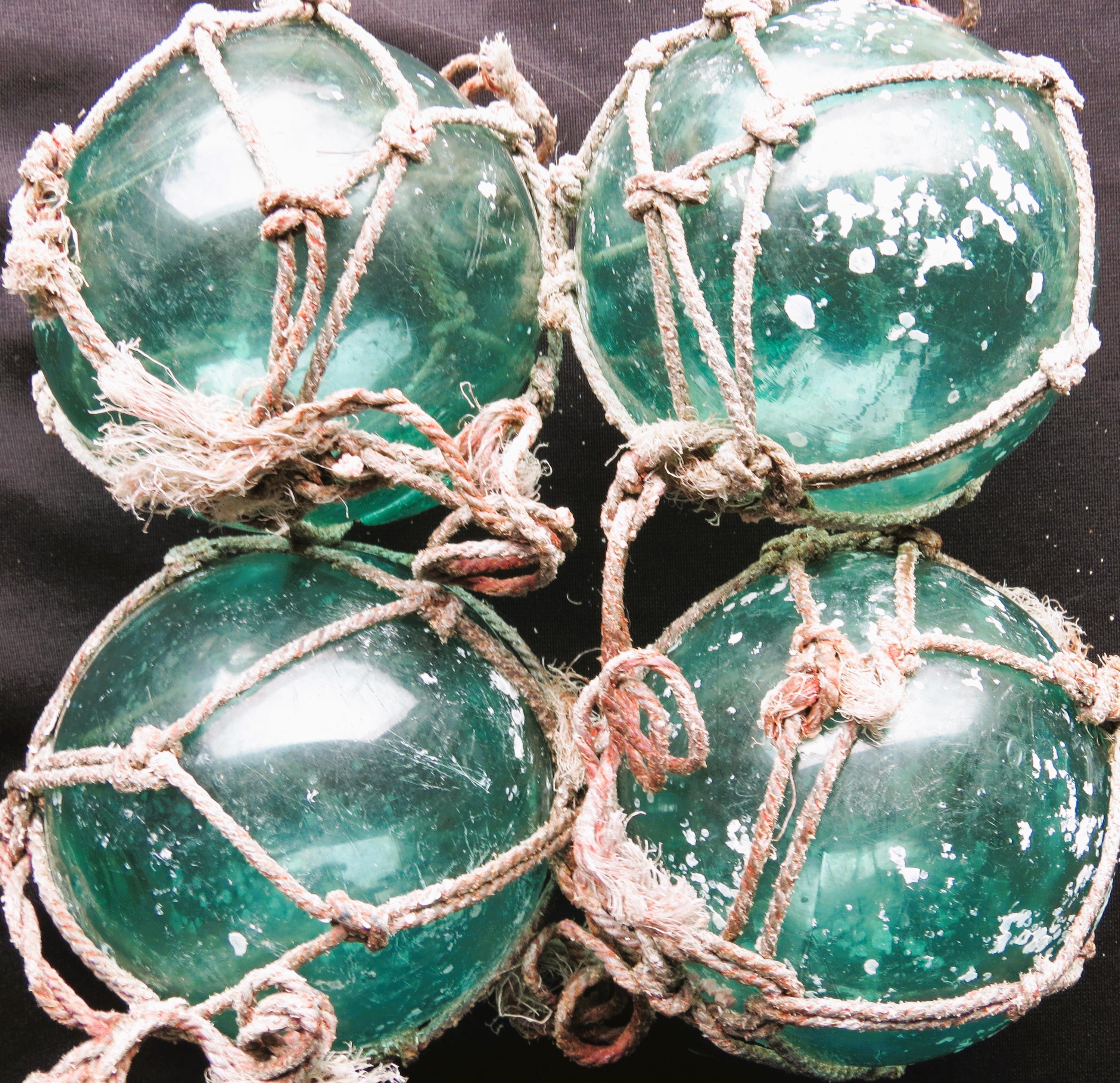 Japanese Blown Glass Fishing Floats (4) Approx. 4"d Aqua Barnacles ...