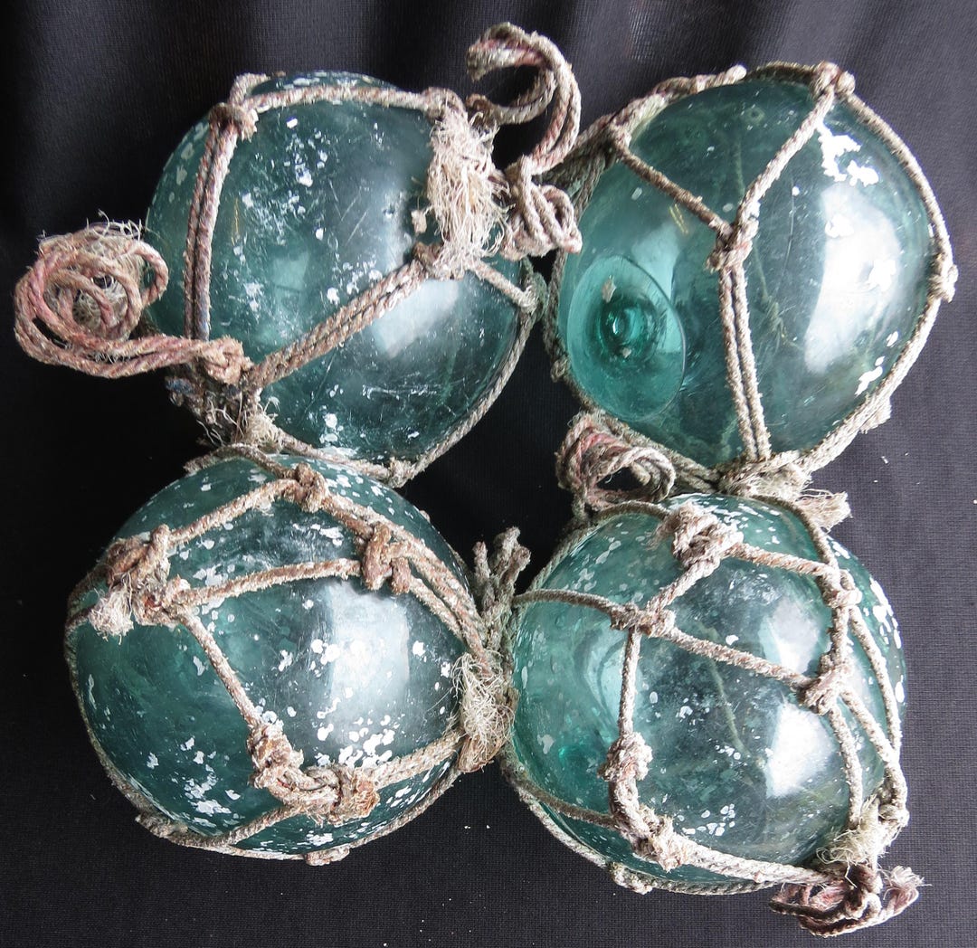 Japanese Blown Glass Fishing Floats (4) Approx. 4"d Aqua Barnacles ...