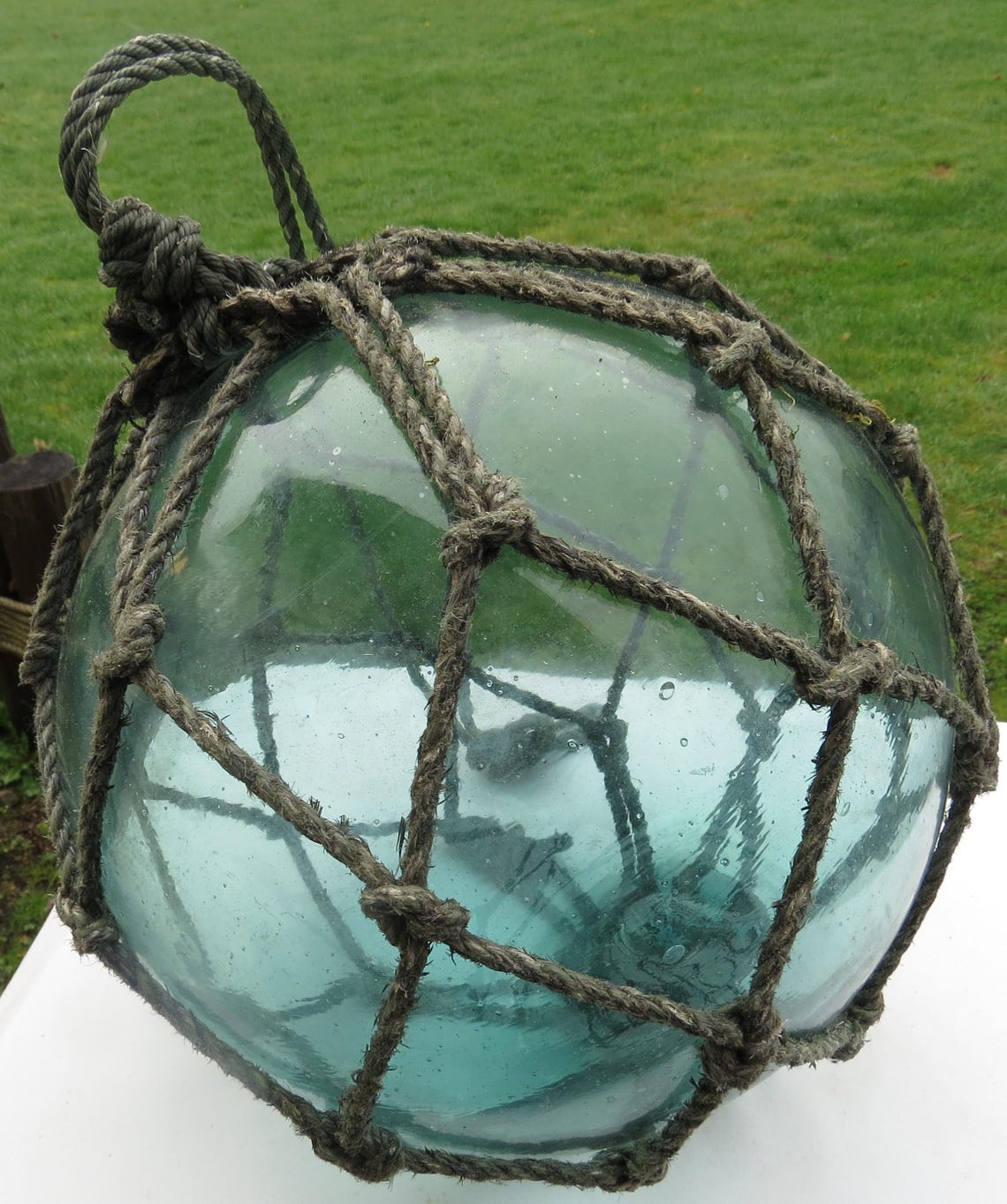 Japanese Blown Glass Float 11"d XL Aqua Netted Antique Tiki Yard Garden ...