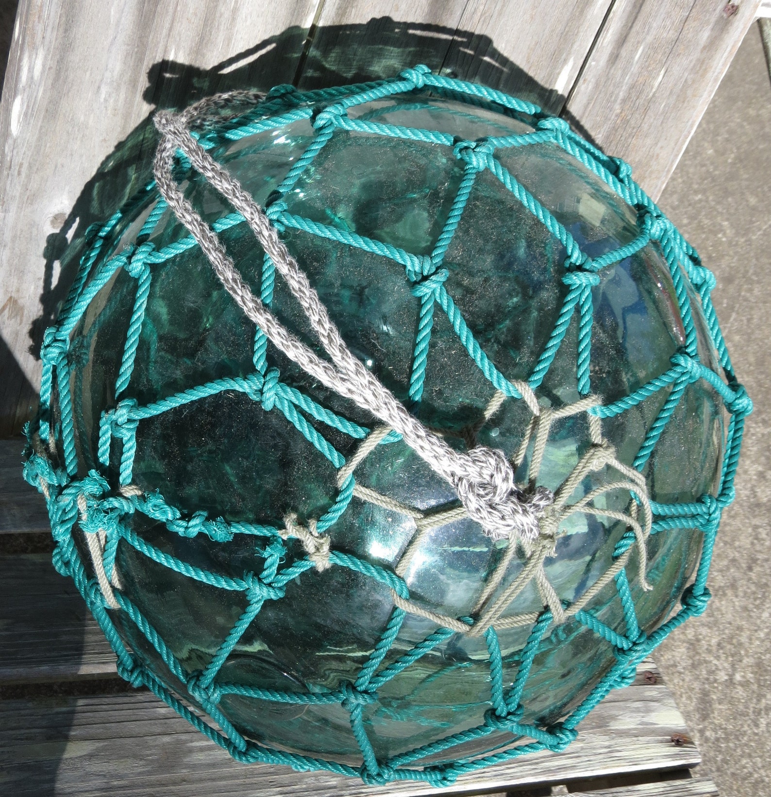 Japanese Blown Glass Float 13"d XL Sea Green Netted Brand-patch Maker's ...