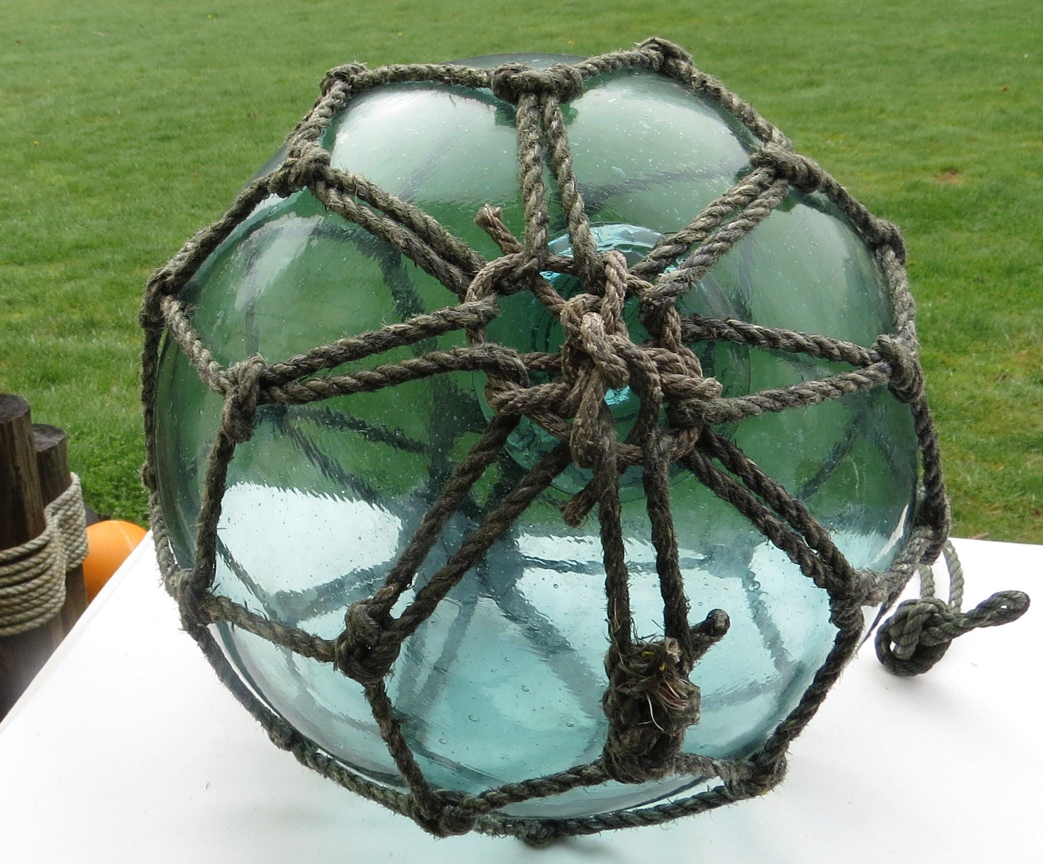Japanese Blown Glass Float 11"d XL Aqua Netted Antique Tiki Yard Garden ...