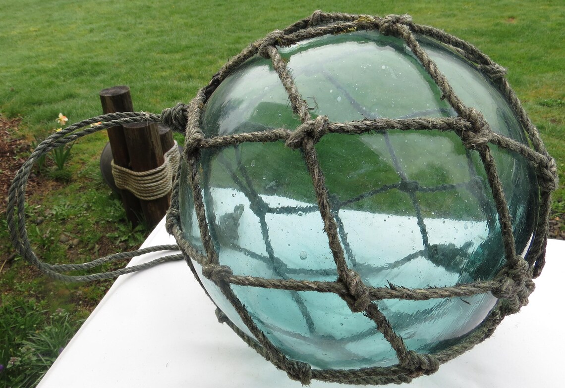 Japanese Blown Glass Float 11"d XL Aqua Netted Antique Tiki Yard Garden ...