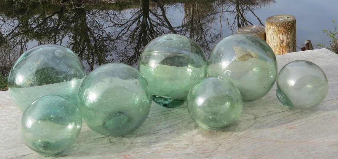 Japanese Blown Glass Floats Lot of 7 Mixed: (4) 3"& (3) 2" SEA-GREEN ...