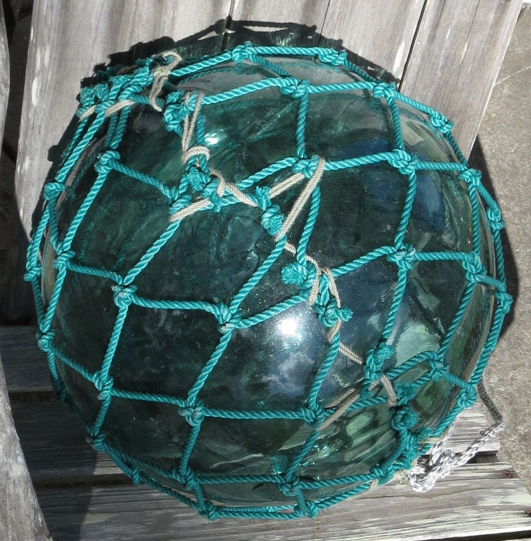 Japanese Blown Glass Float 13"d XL Sea Green Netted Brand-patch Maker's ...
