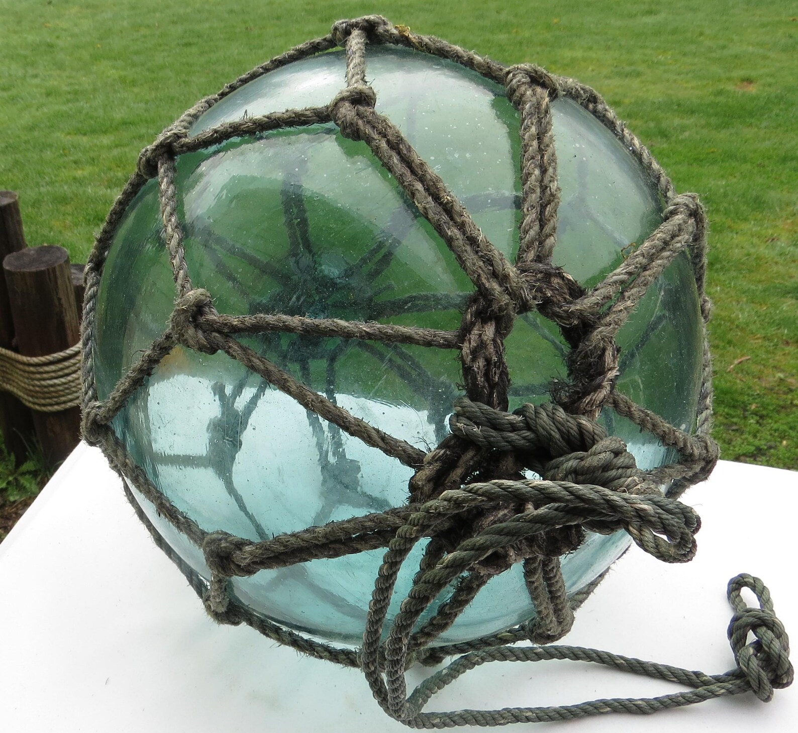 Japanese Blown Glass Float 11"d XL Aqua Netted Antique Tiki Yard Garden ...
