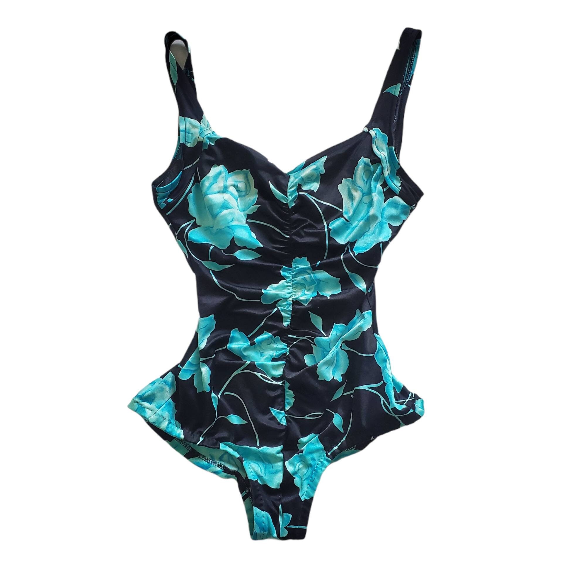 Vintage Maxine Of Hollywood One Piece Black And Blue Floral Etsy