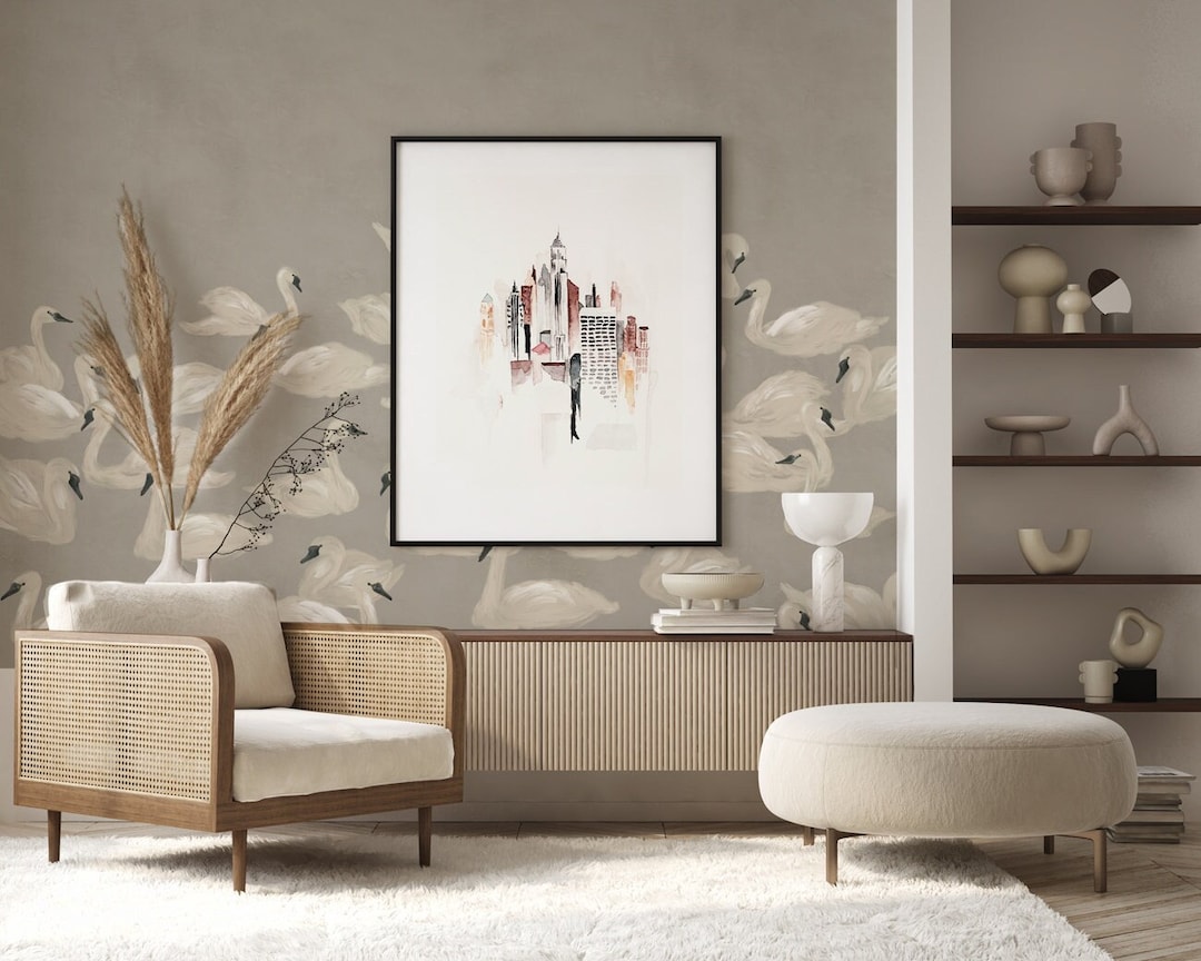 Bird Wallpaper - DANCING SWAN Neutral - Etsy