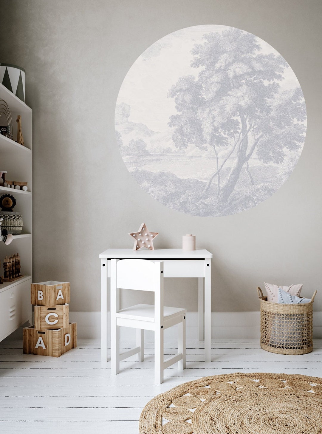 Peel and Stick Round Wallpaper Decal - Engraved Blue - Etsy