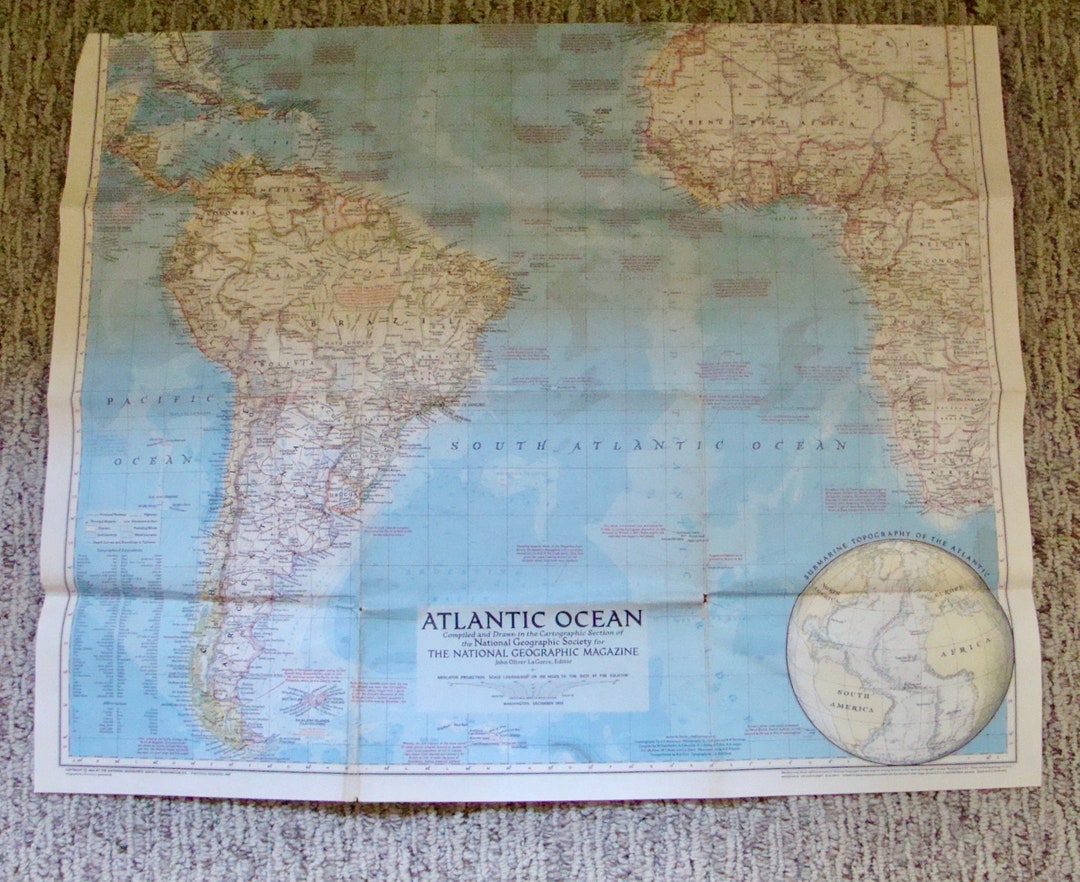 Atlantic Ocean Vintage Map National Geographic 1955 Large - Etsy