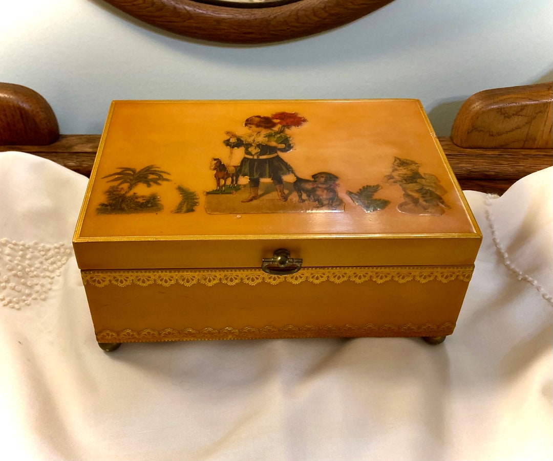 Antique Celluloid Dresser Box Embossed Victorian Keepsake Box Brass ...