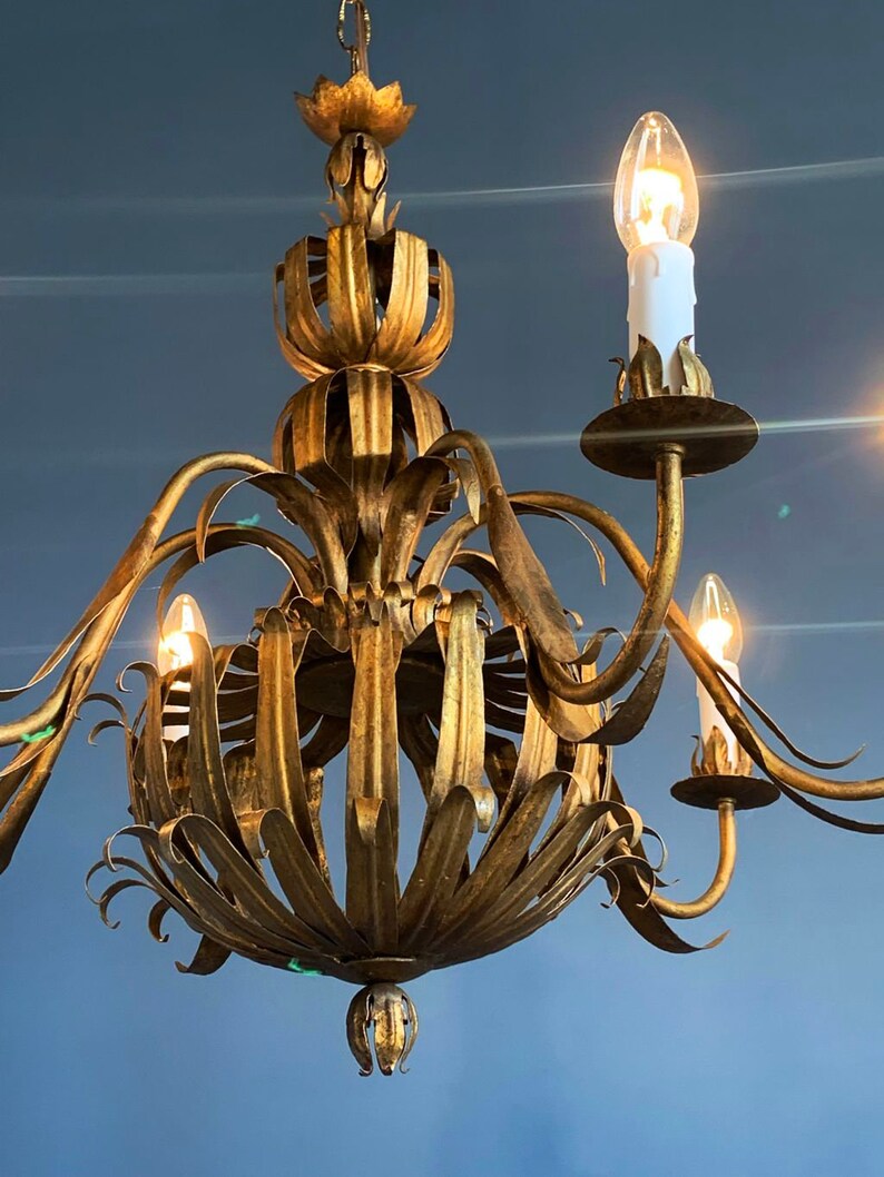 Large Gilt Forging Chandelier, Flowers and Leaves, Mid Century Vintage ...