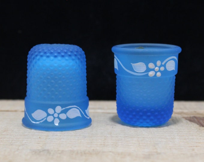 Westmoreland Blue Satin Thimbles Pair, White Painted Flowers Original ...