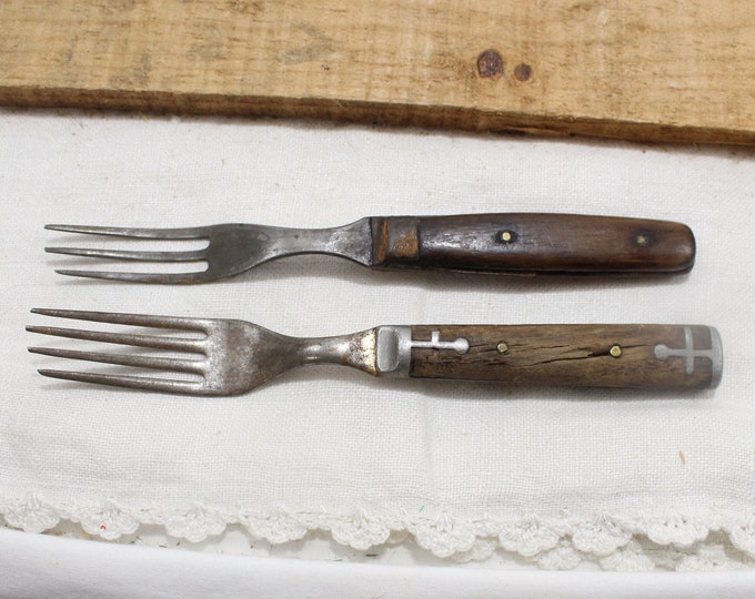 Antique Wood Handle Four Tine and 3 Prong Fork, Set of 2, Pre-1880, Flatware, Civil War Time ...