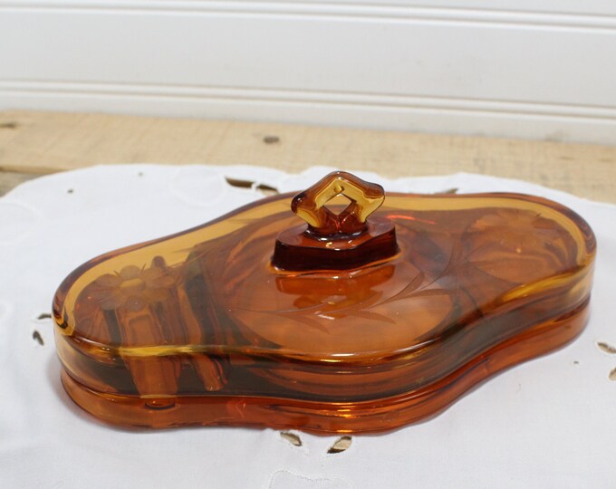 1930 Cambridge, Wheel Cut Design, Amber Covered Dresser Box, Beautiful ...