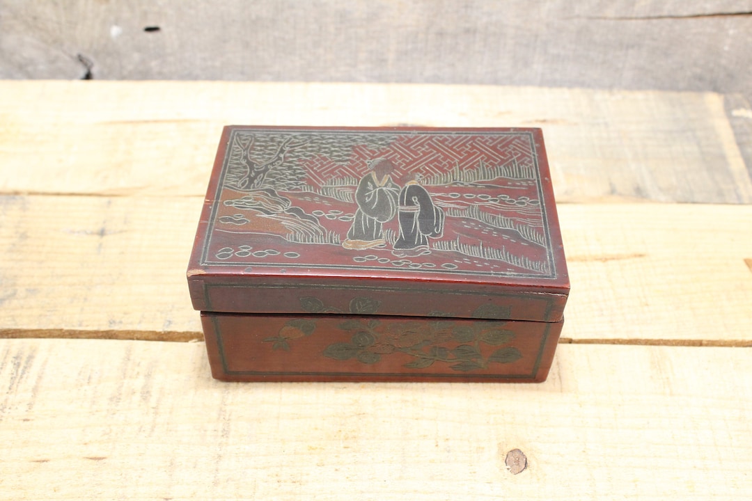 Red Lacquer Ware Carved Wooden Box, Asian Carved and Painted Wood Box ...