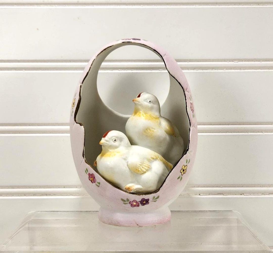 Baby Chicks in Egg, Bisque Egg Painted With Two Baby Chicks, Flower ...