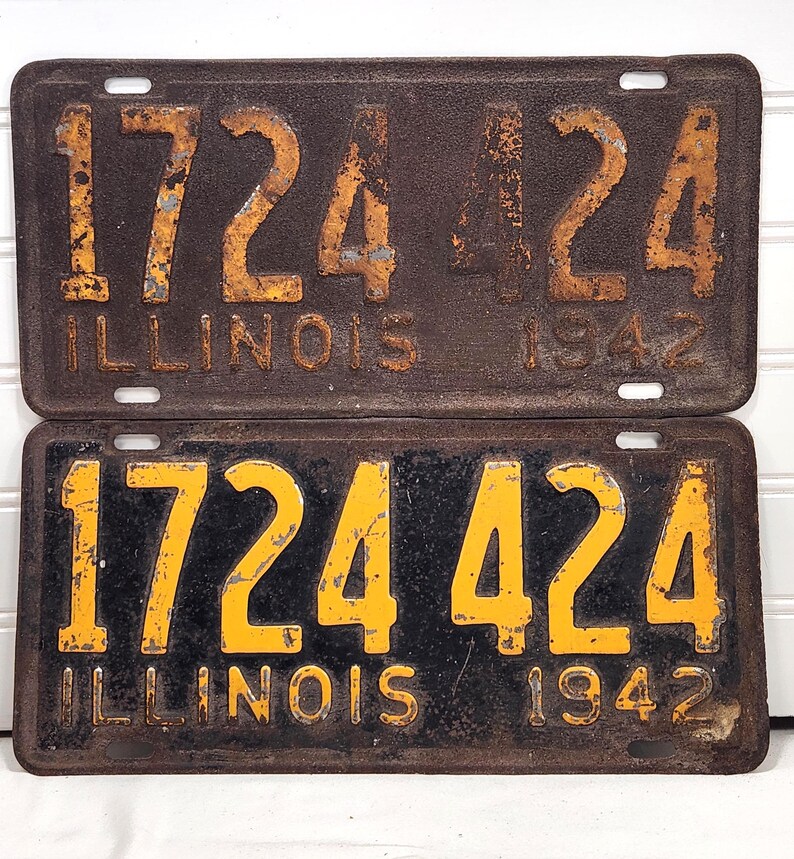 Illinois 1942 Pair License Plates, Metal Raised Stamped AS IS Black ...