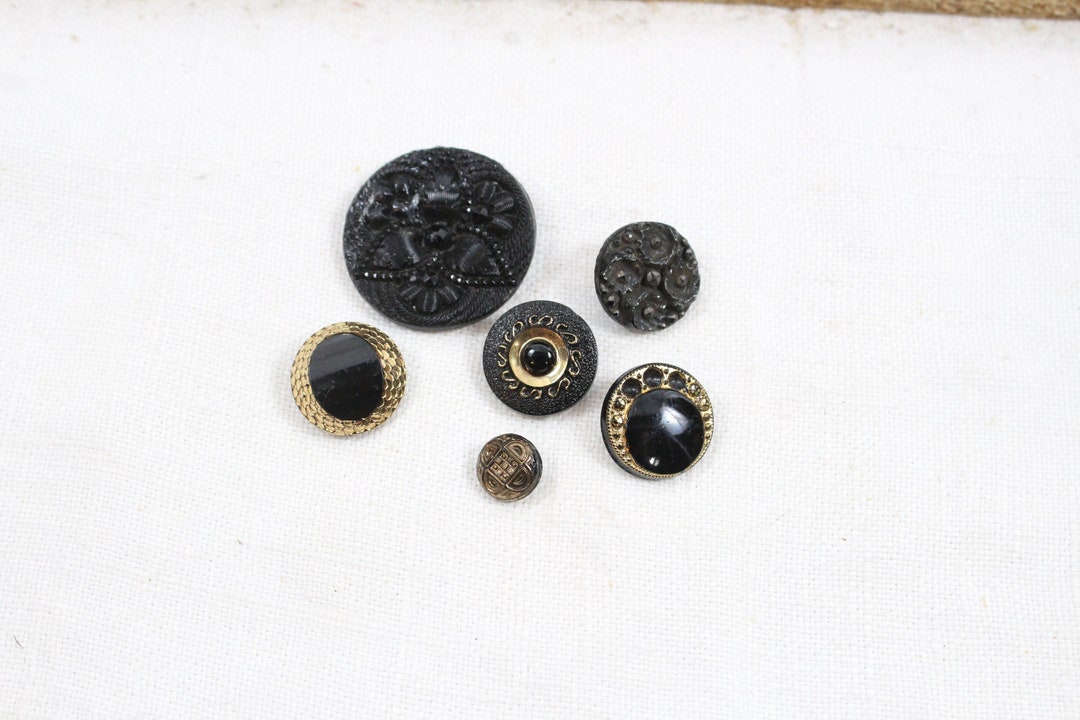 Button, Antique - 6 Round Glass Buttons, Black Glass and Gold, Carved ...