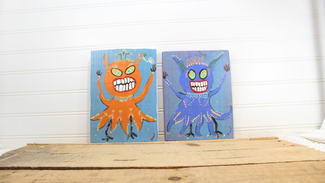 Critters Painting on Wood Folk Art Artist Signed, Latex Paint, Choice ...