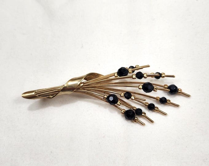 Black Crystal Bead Pin, Gold Tone Metal Wrapped Brooch, Vintage 1970 ...