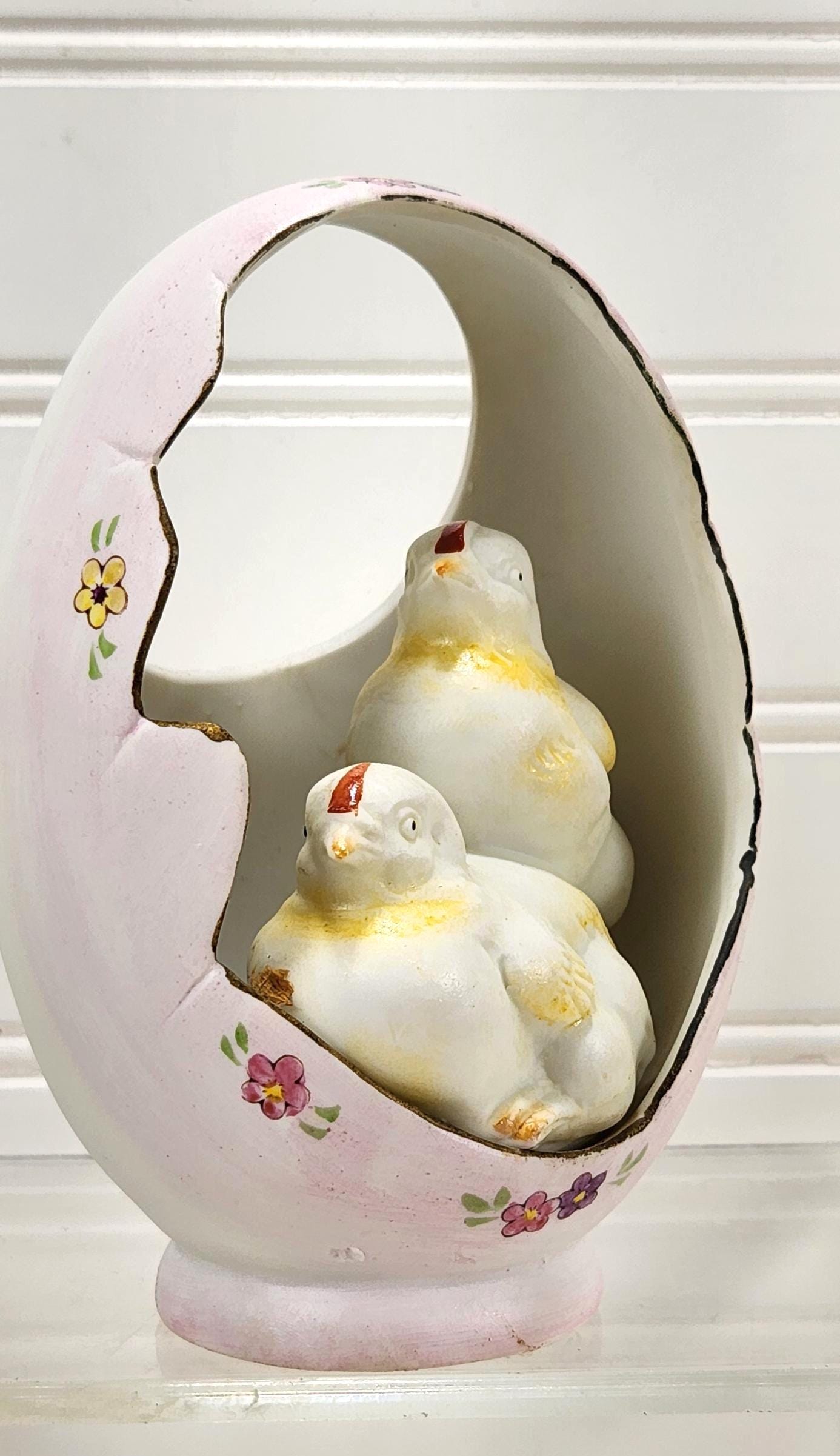 Baby Chicks in Egg, Bisque Egg Painted With Two Baby Chicks, Flower ...
